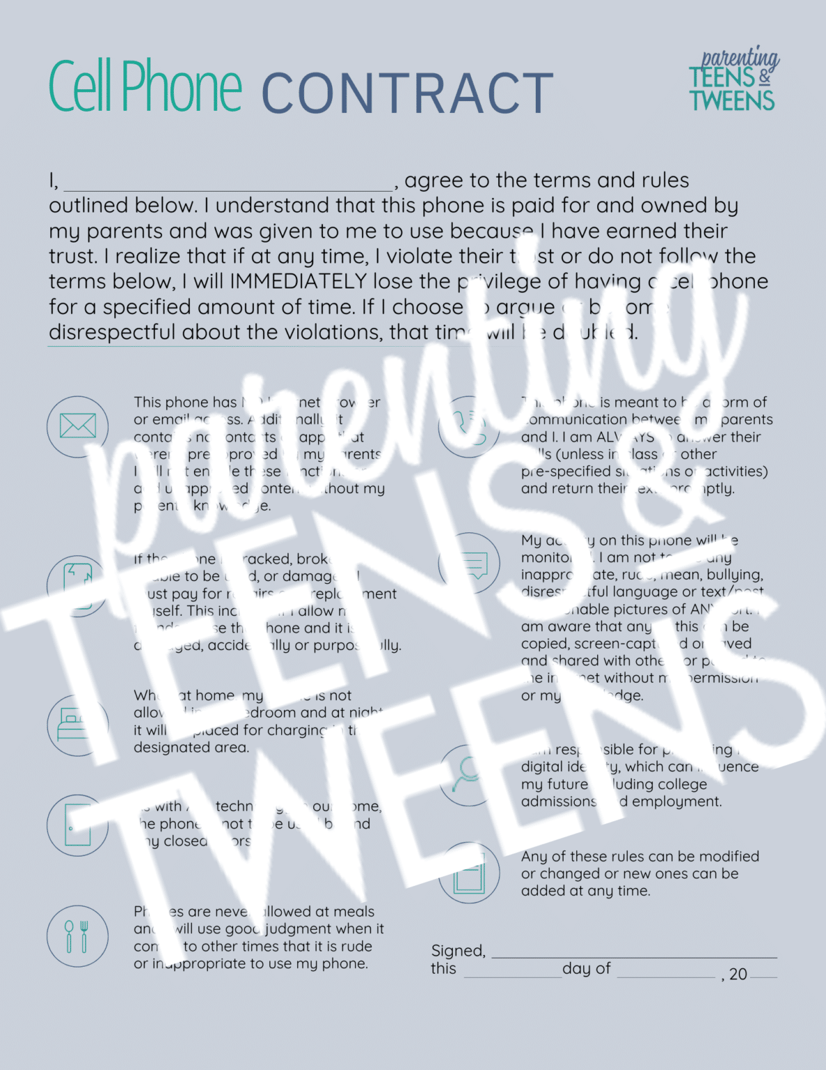 Free Printable Teen Cell Phone Contract - parentingteensandtweens.com